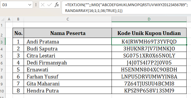 Cara Membuat Kode Unik Otomatis di Excel untuk Kupon Undian | Depot Excel