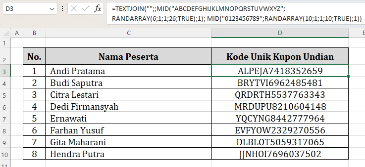 Cara Membuat Kode Unik Otomatis di Excel untuk Kupon Undian | Depot Excel